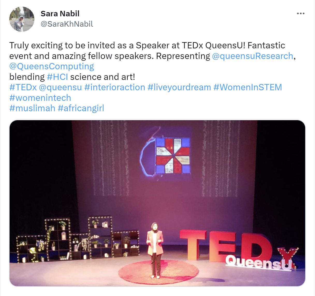 Sara Nabil Presented at TEDx QueensU > Queen's School of Computing